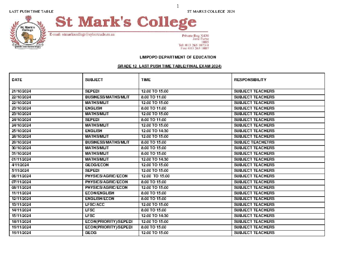 Grade 12 LAST PUSH - Yea6 - 1 LAST PUSH TIME TABLE ST MARKS COLLEGE ...