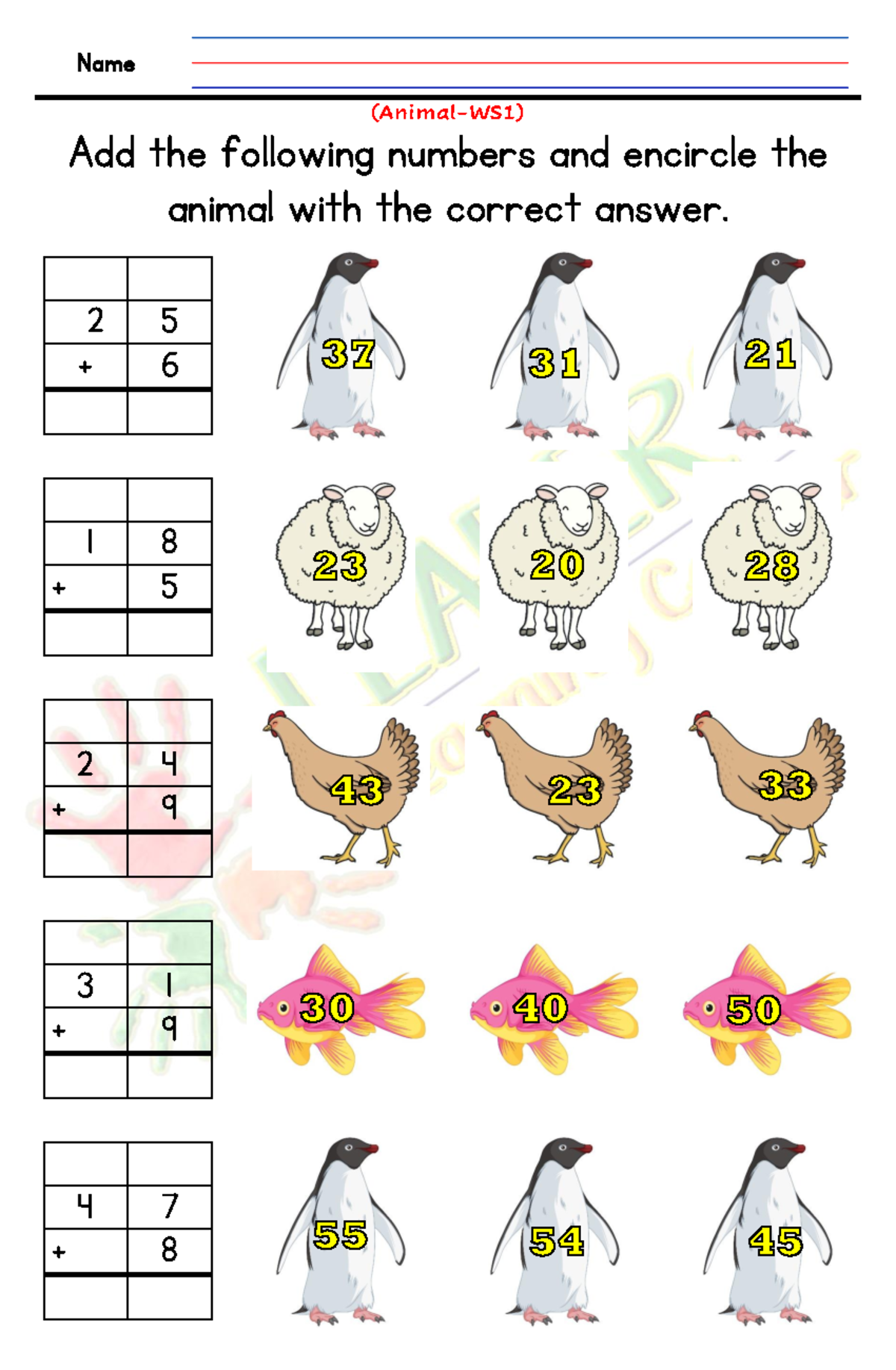 February - Sample Worksheets - (Animal-WS1) Add the following numbers ...