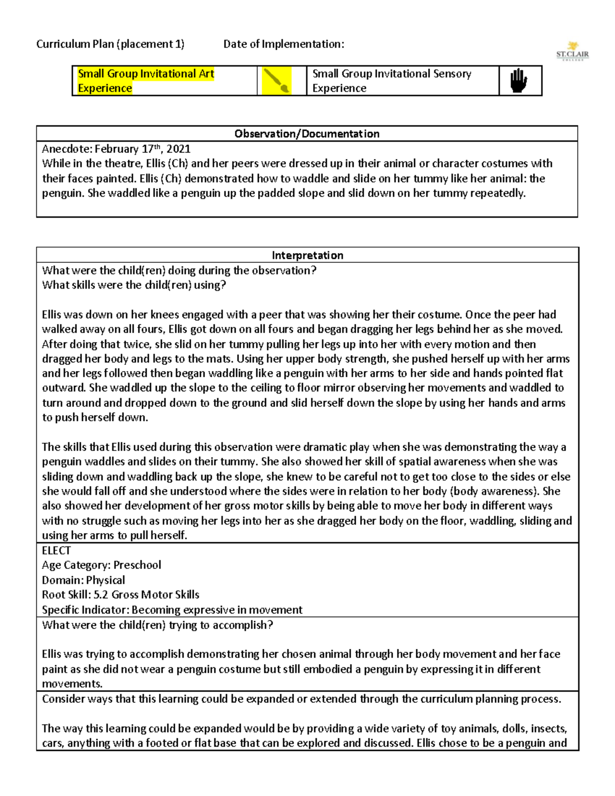 Curriculum Plan- Ellis (Ch) demonstrated how to waddle and slide on her ...