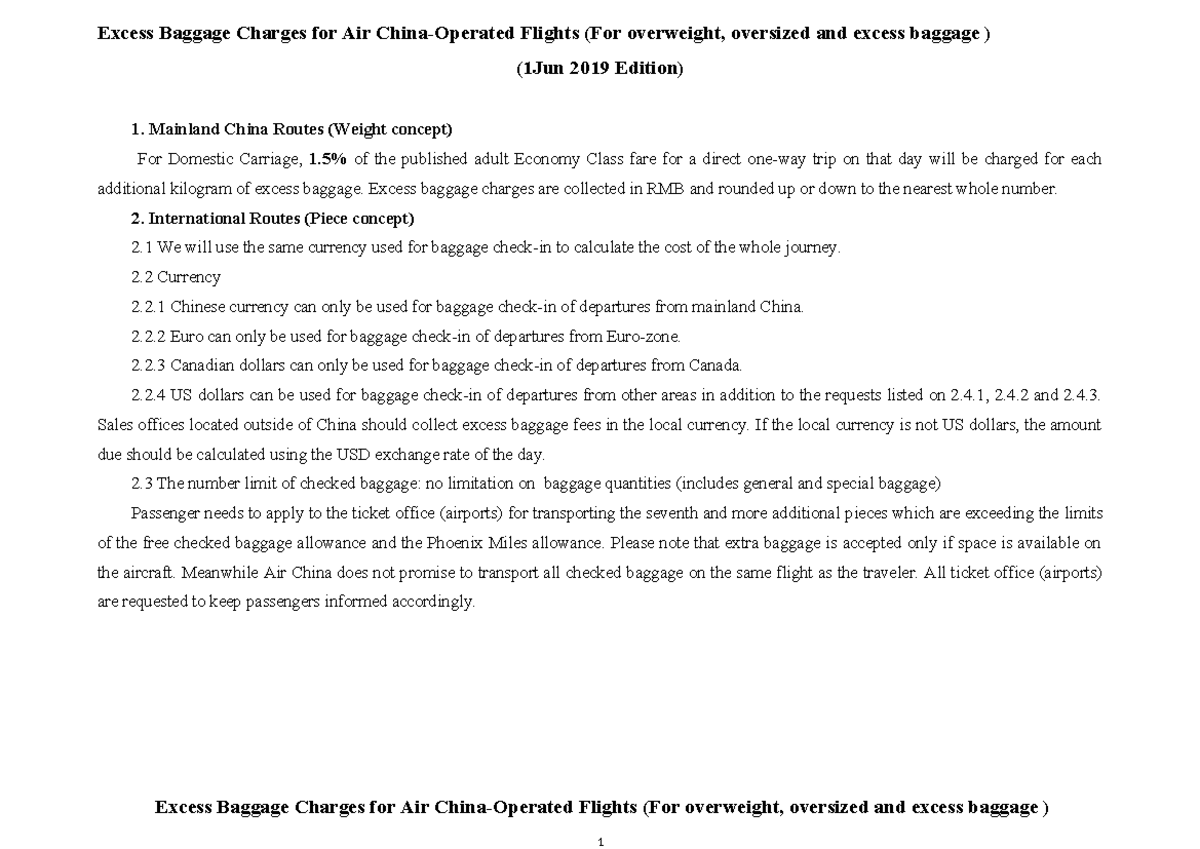 Excess Baggage Charges for Air China Operated Flights For overweight ...
