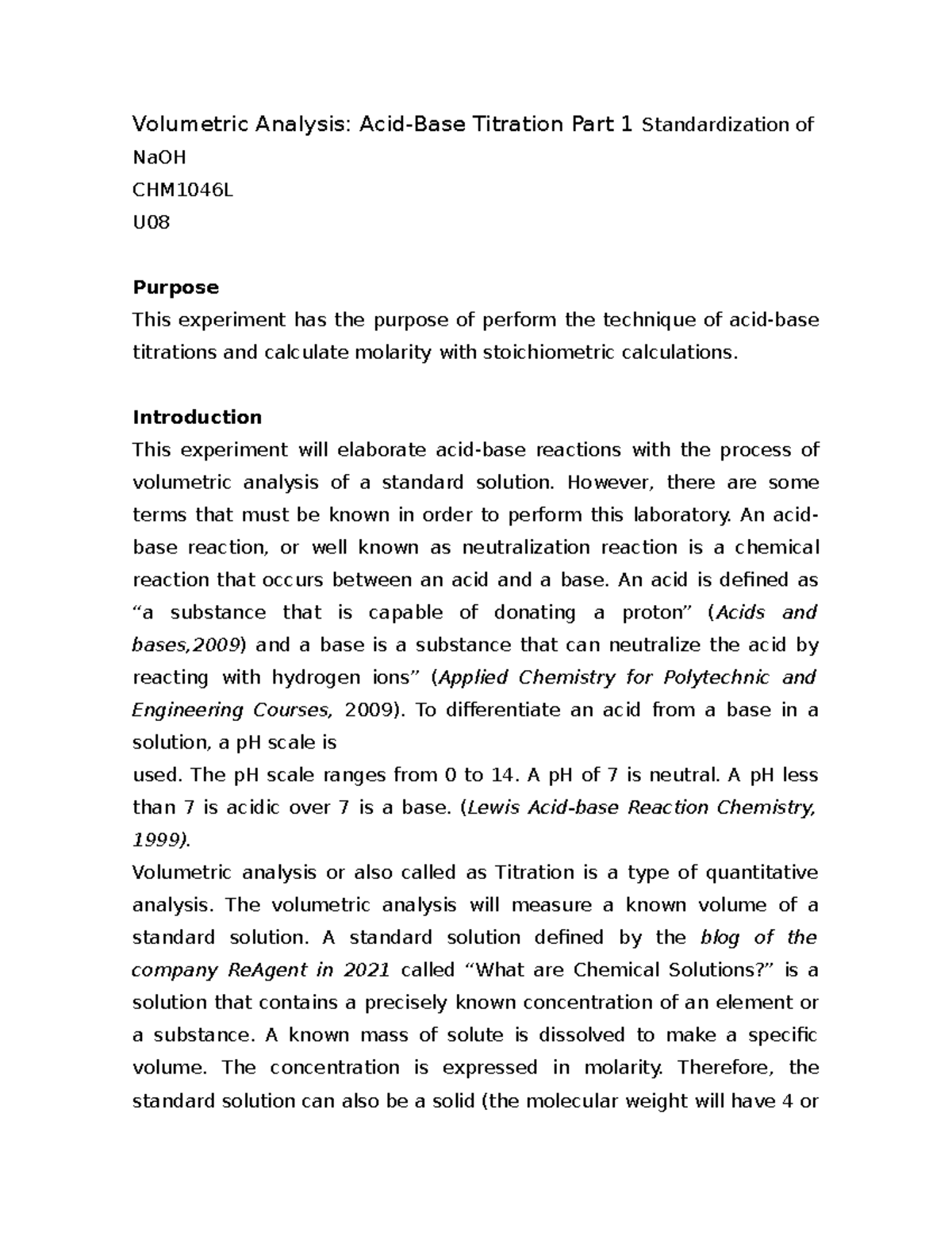 Lab report titration CHM1046L - Volumetric Analysis: Acid-Base ...