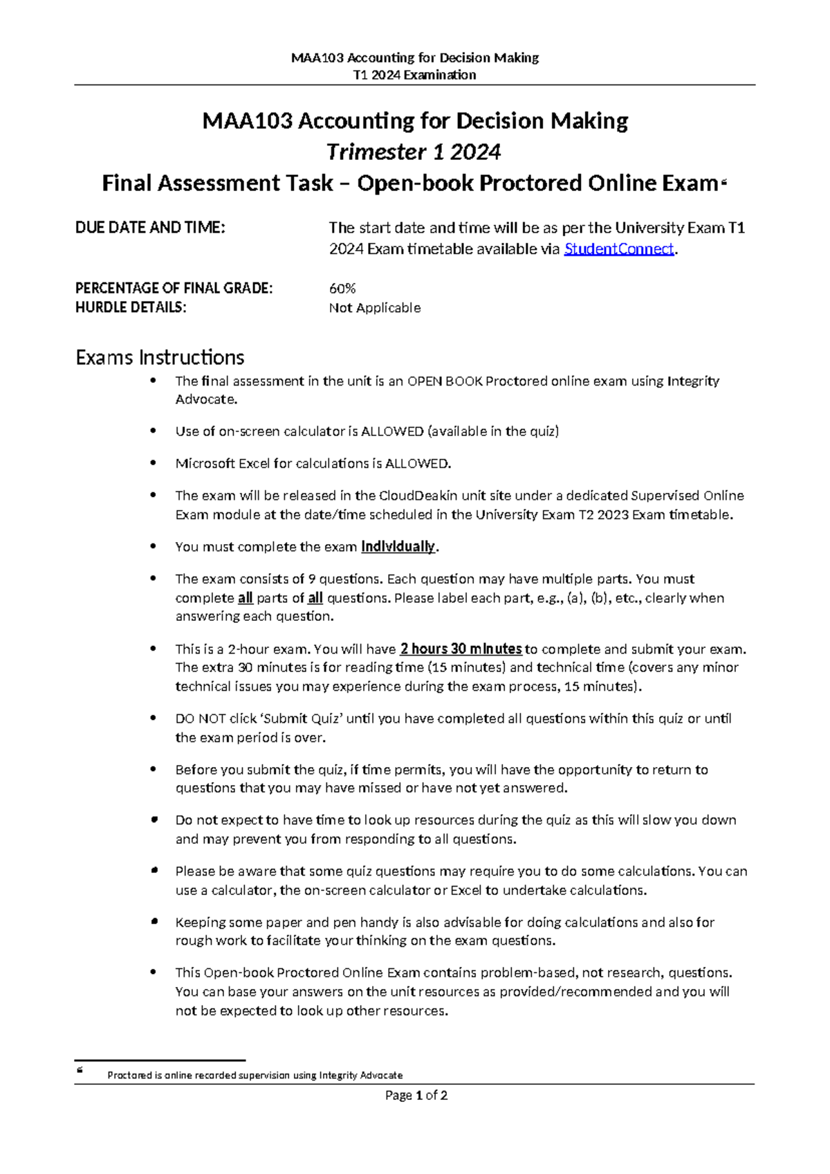 MAA103 TRI 1 2024 Exam Instructions - MAA103 Accounting for Decision ...