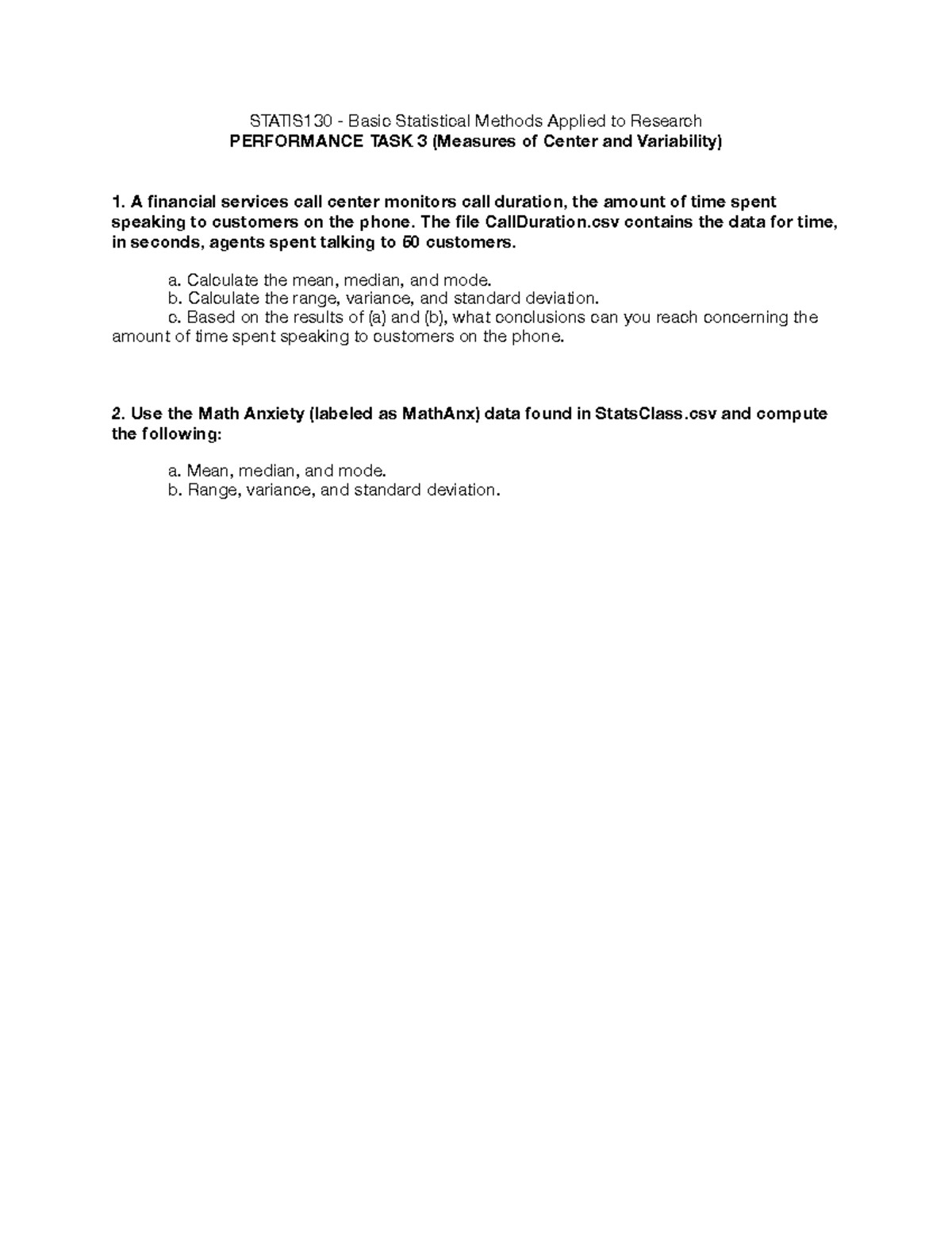 Performance TASK 3 - STATIS130 - Basic Statistical Methods Applied to ...