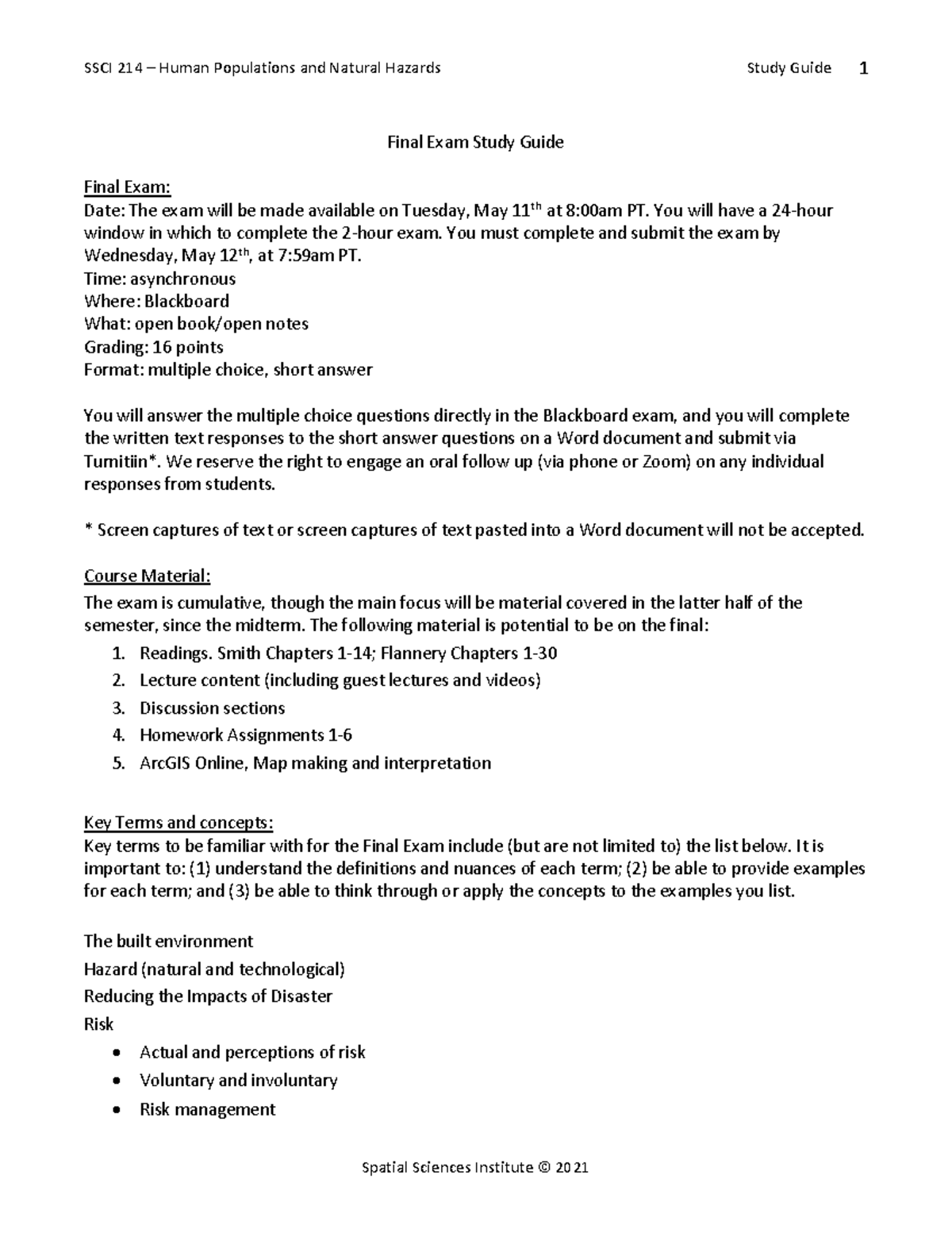 SSCI 214g Final Study Guide - SSCI 214 – Human Populations and Natural ...