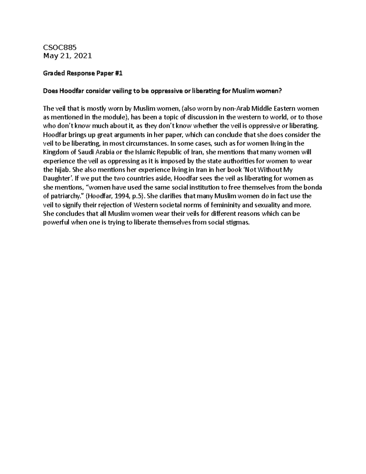 CSOC885 - Graded Paper #1 - CSOC May 21, 2021 Graded Response Paper ...