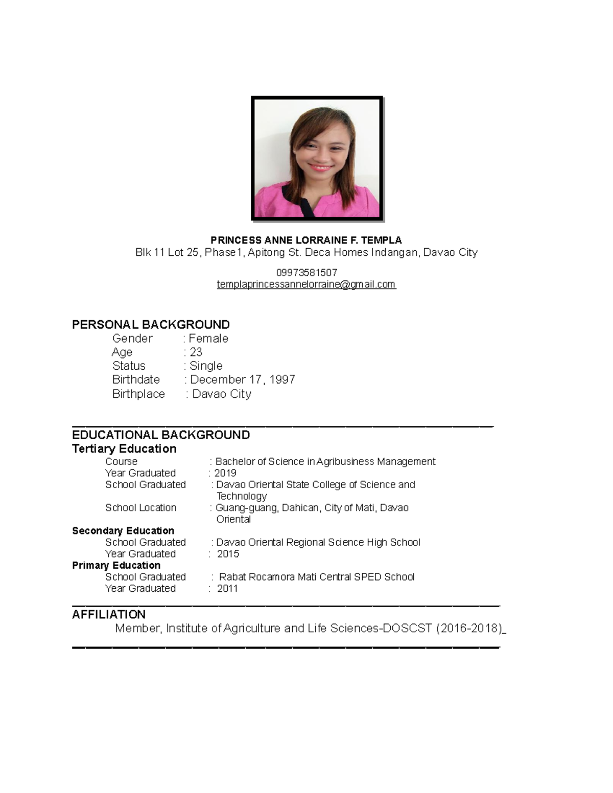 Templa Resume - PRINCESS ANNE LORRAINE F. TEMPLA Blk 11 Lot 25, Phase1 ...