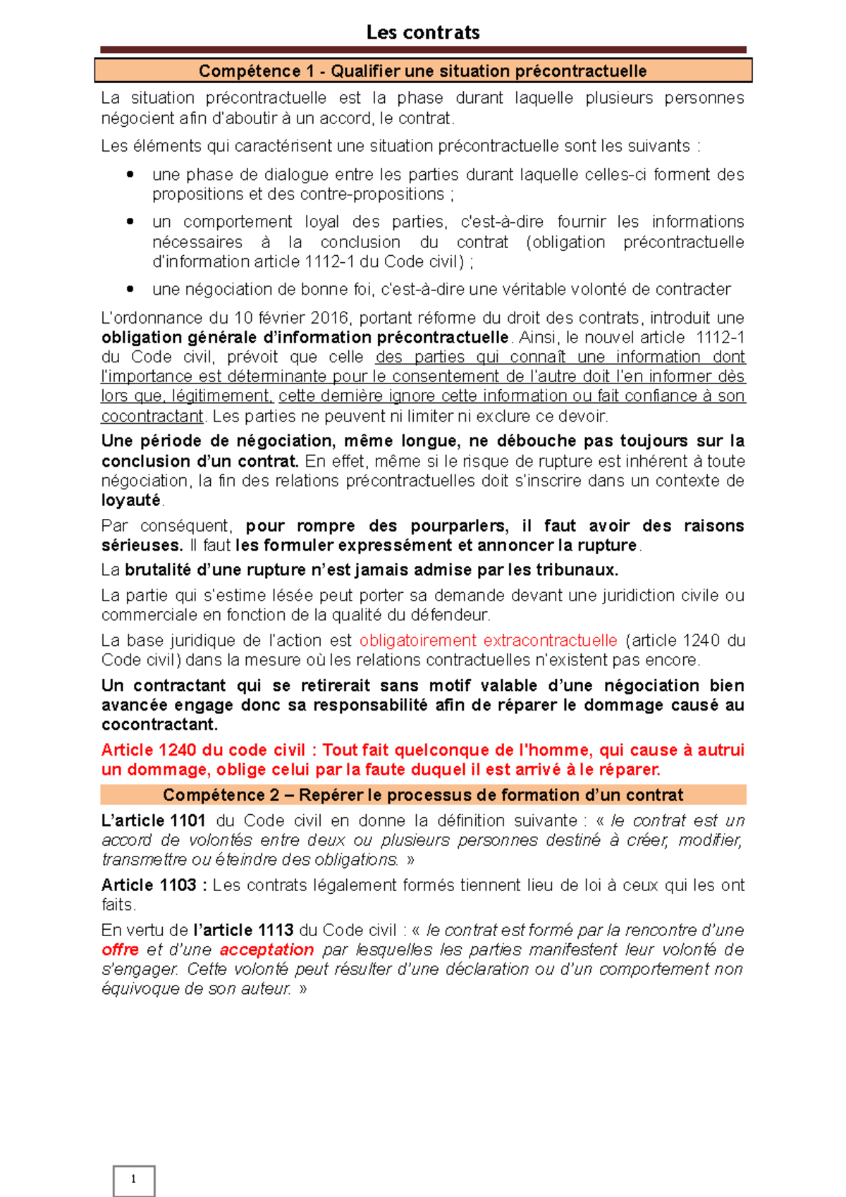 Fiche Thème 1 - Chapitre 2 - droit des contrats - Compétence 1 ...