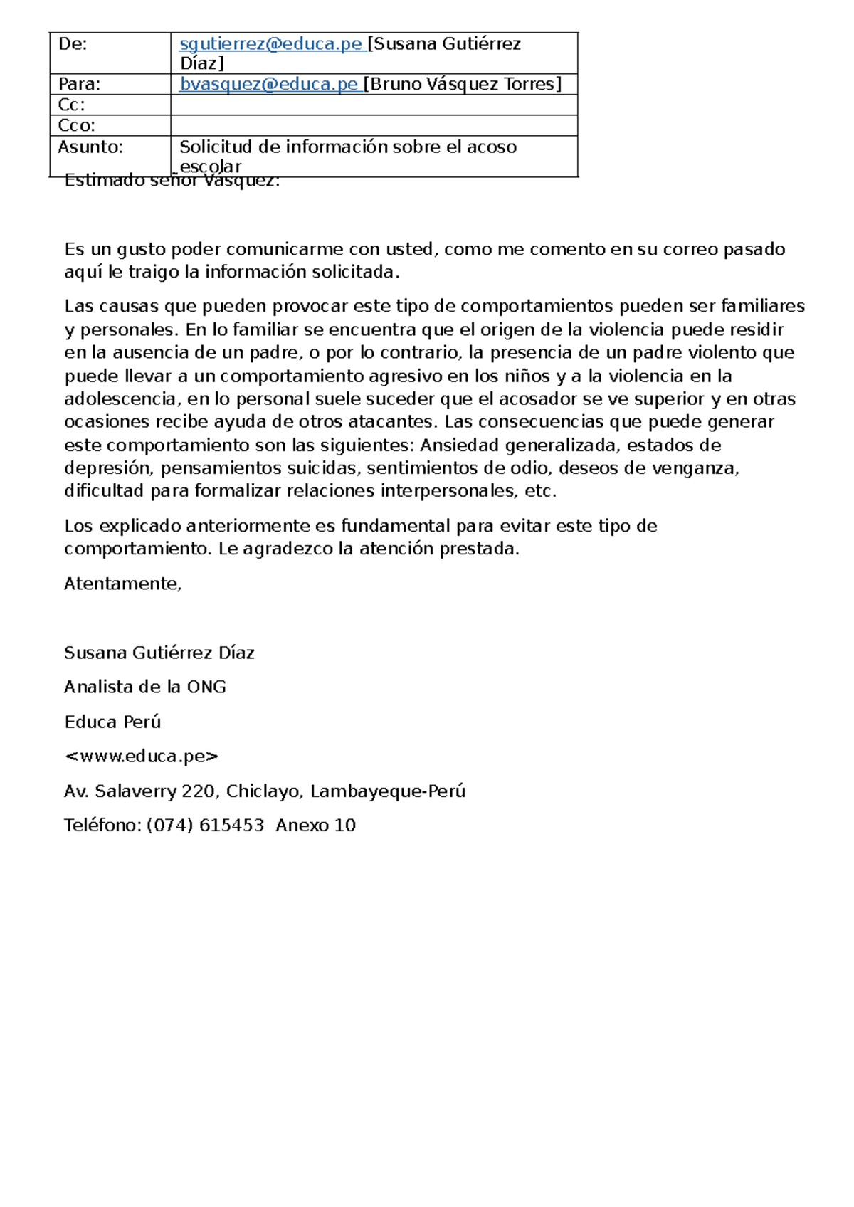 Correo electrónico - Estimado señor Vásquez: Es un gusto poder ...