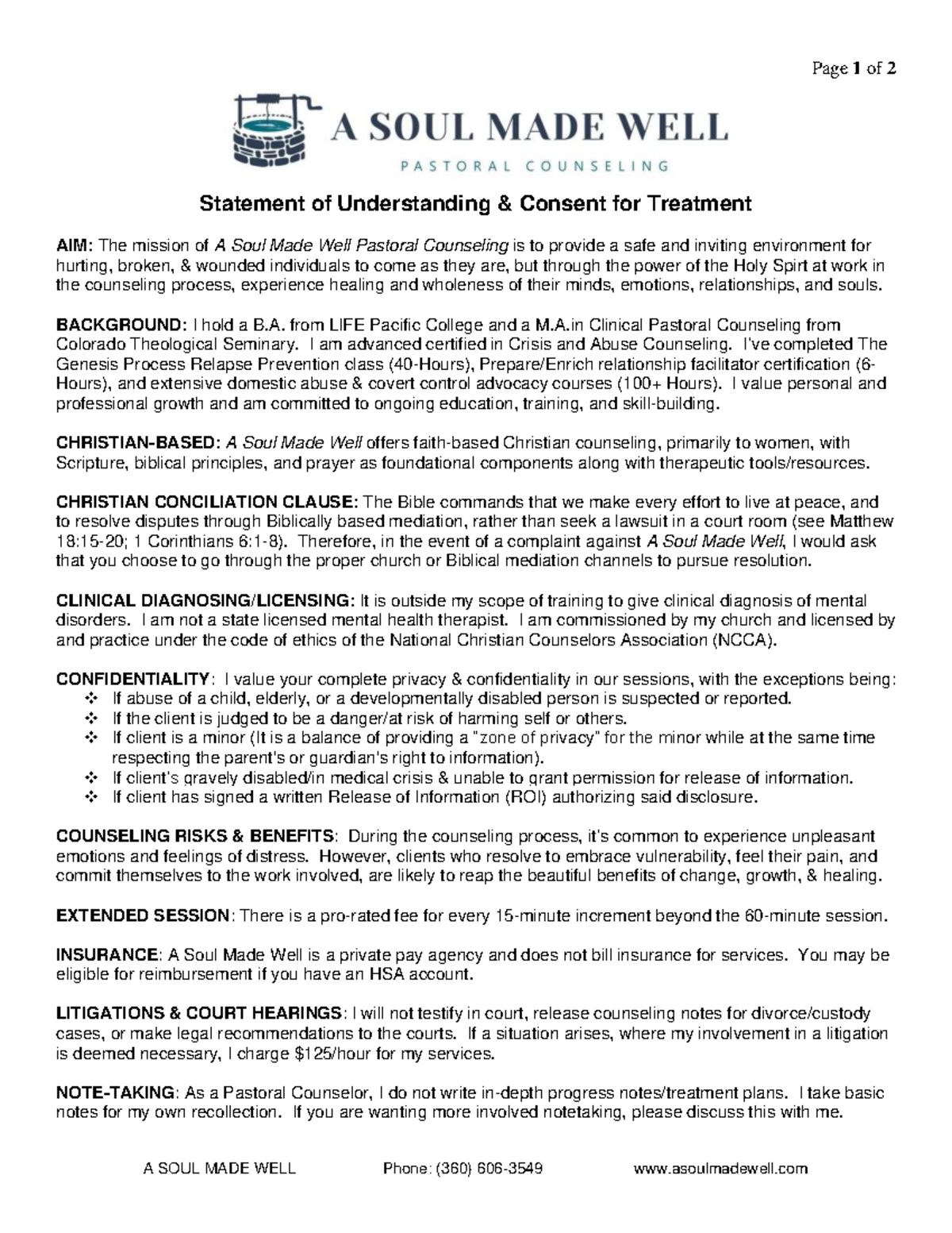 Statement-of-understanding - Page 1 of 2 A SOUL MADE WELL Phone: (360 ...