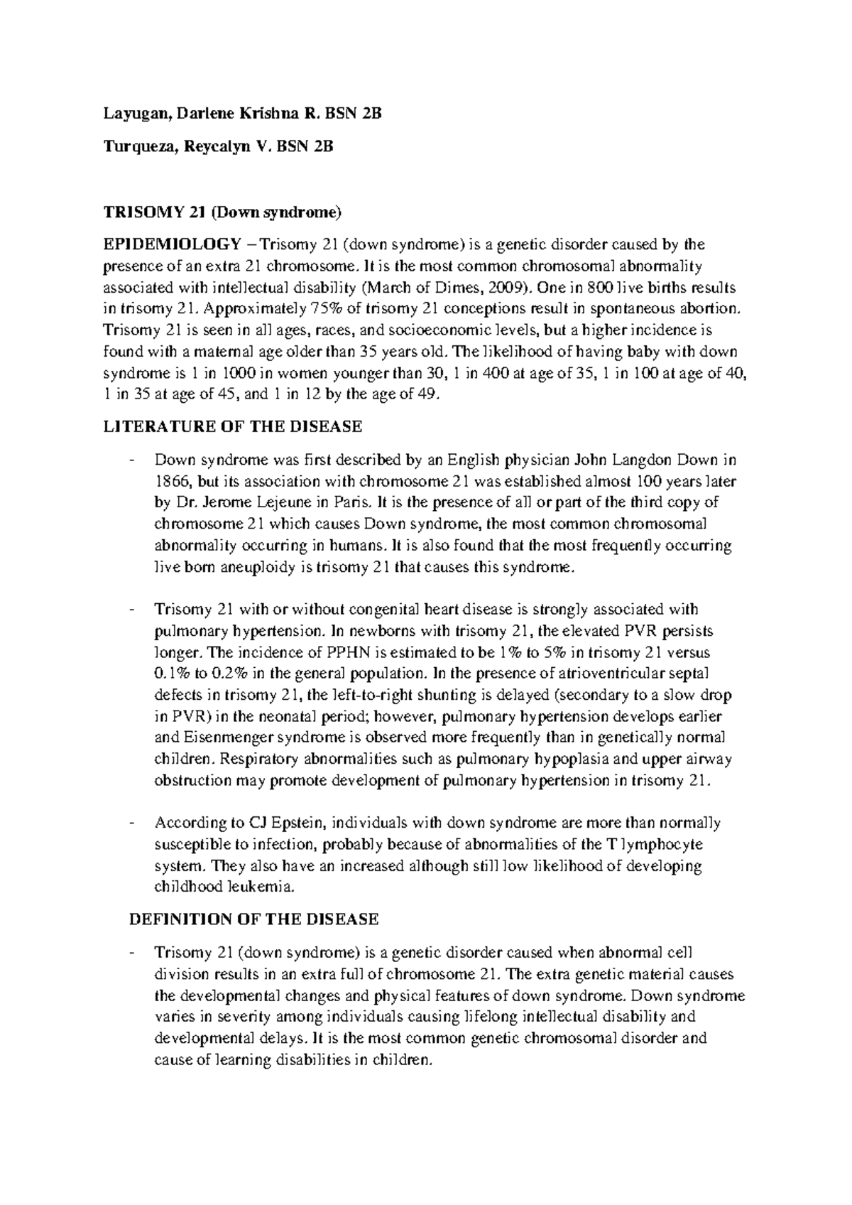 Trisomy 21 - A genetic disorder for newborns. - Layugan, Darlene ...