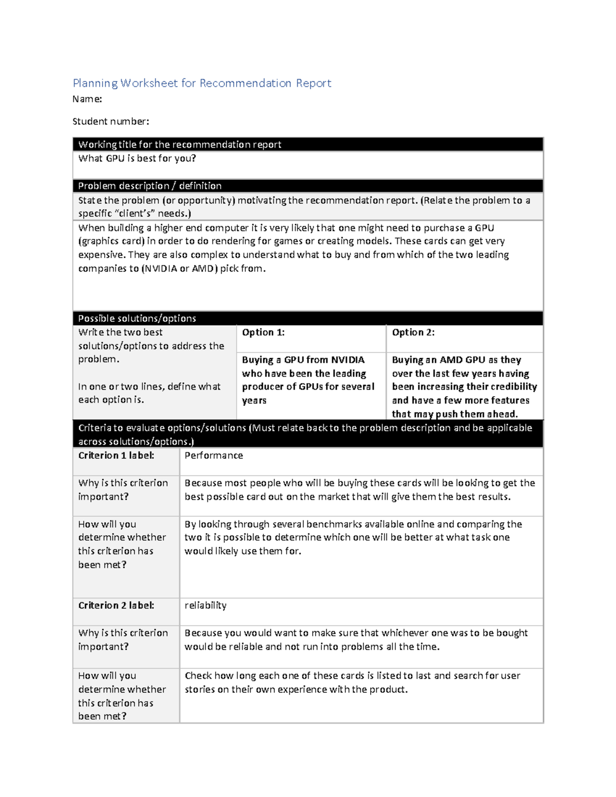 Planning Worksheet for Recommendation Report submission - ENCS 282 ...