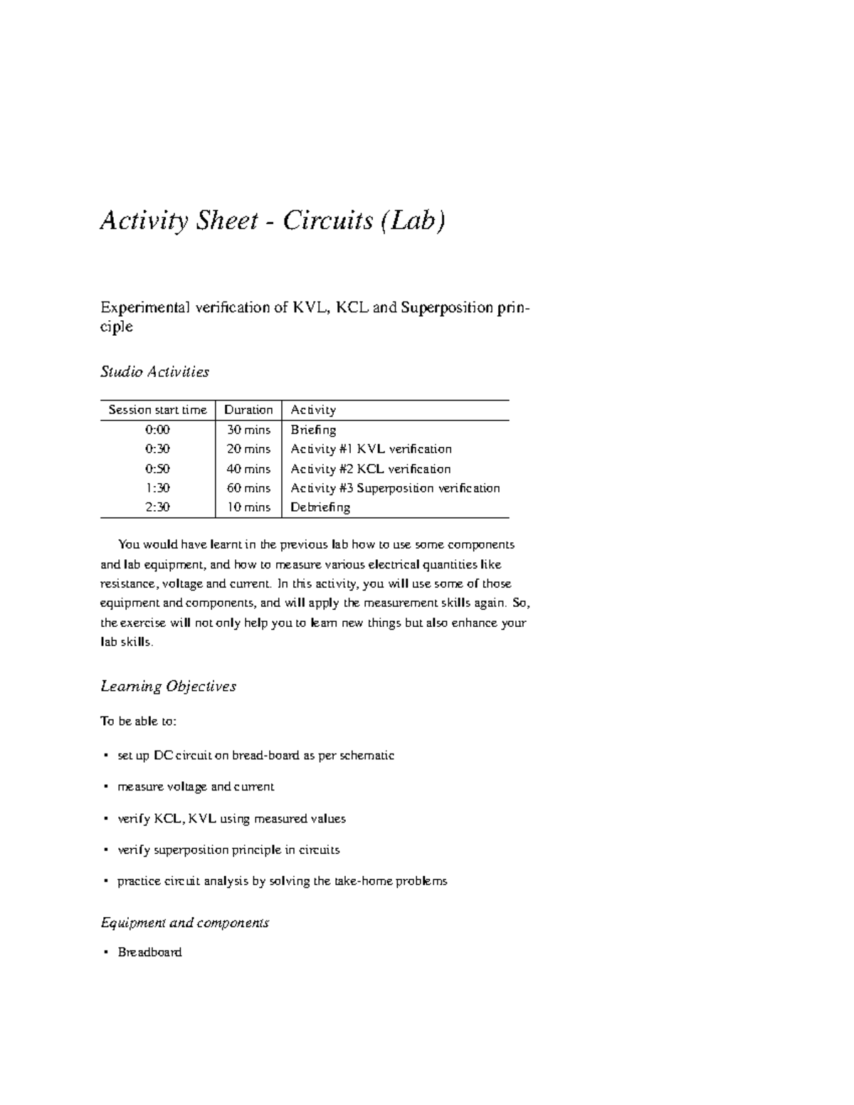 EPP1 Activity Sheet KVL KCL Superposition Lab - Activity Sheet - Circuits (Lab) Experimental ...