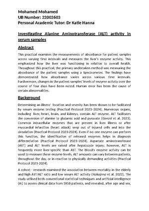 Practical 1 ALT activity assay worksheet schedule MIK 191023 ...