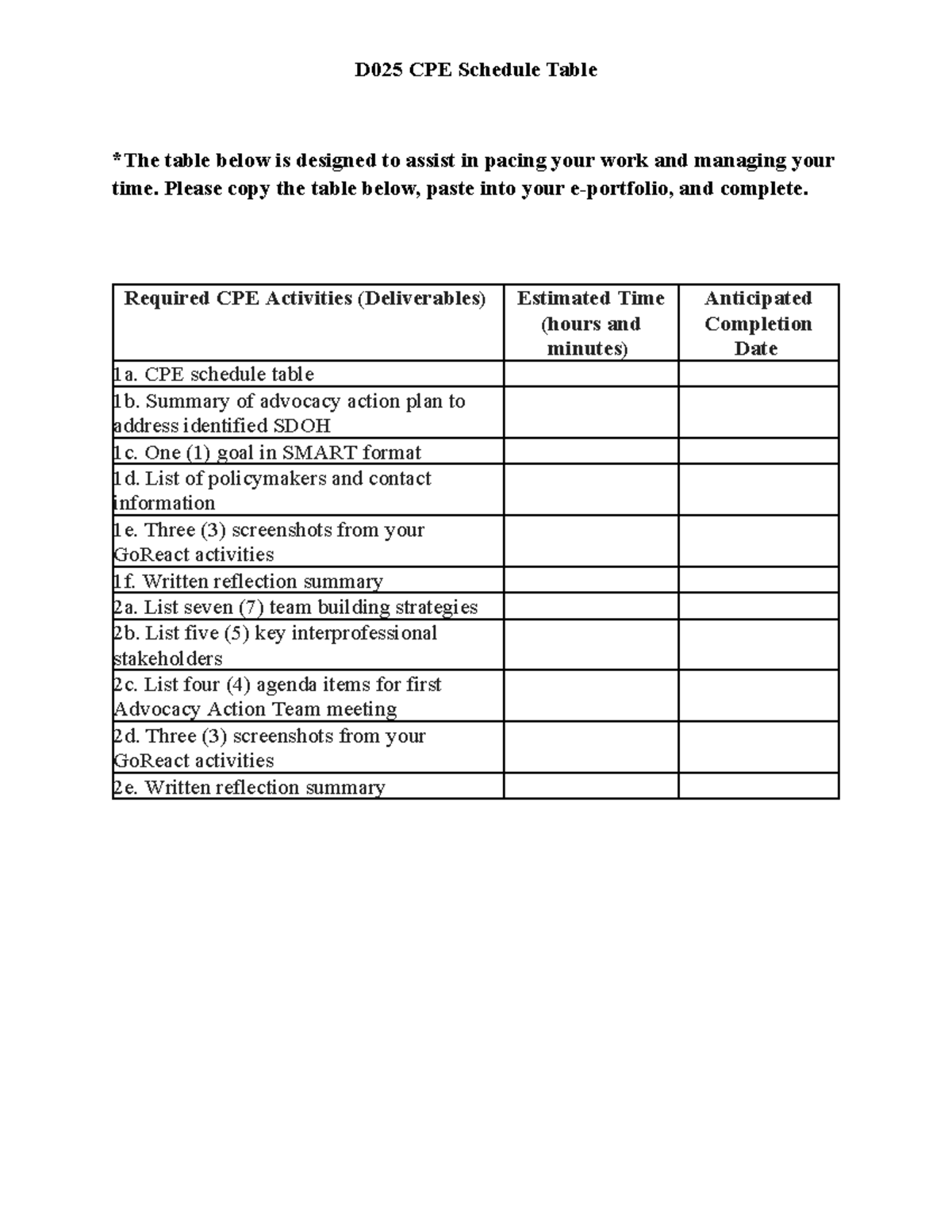 CPE Schedule Table Template - D025 CPE Schedule Table *The table below ...