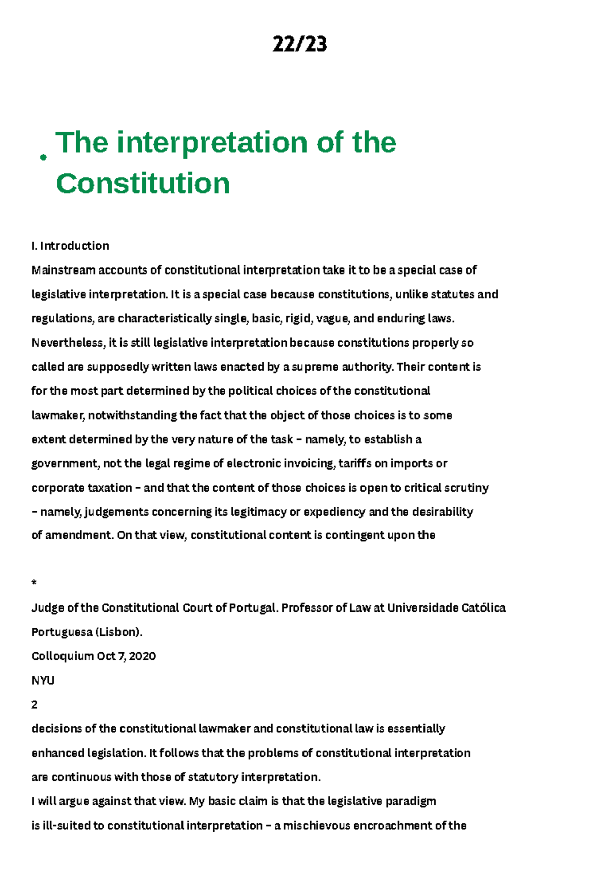 The interpretation of the Constitution - 22/ I. Introduction Mainstream ...