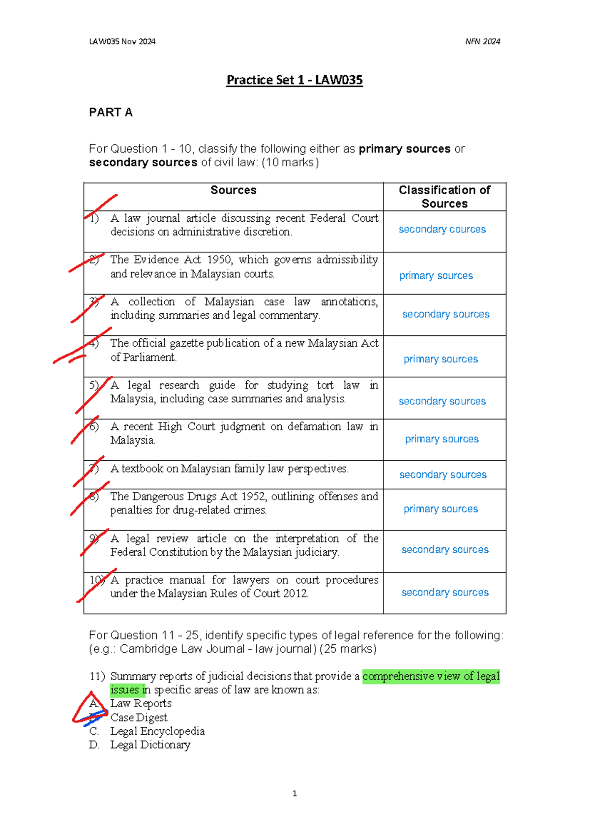 LAW035 Practice Set 1 - only part A complete - LAW035 Nov 2024 NFN 2024 ...