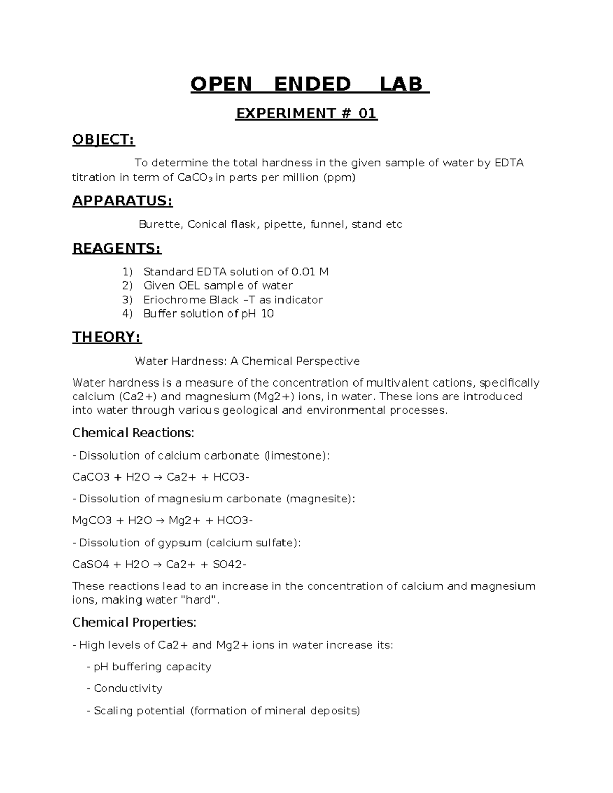 OPEN Ended LAB - ljjkhhgk - OPEN ENDED LAB EXPERIMENT # 01 OBJECT: To determine the total ...