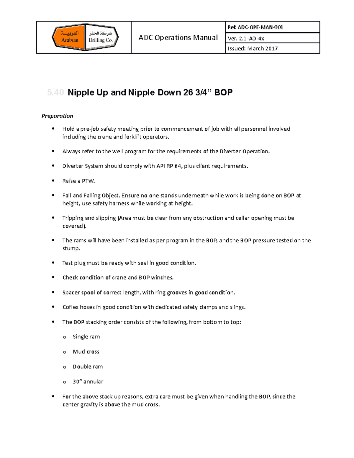 5.40 Nipple Up 26 3-4 BOP Procedure - ADC Operations Manual Ver. 2‐AD ...