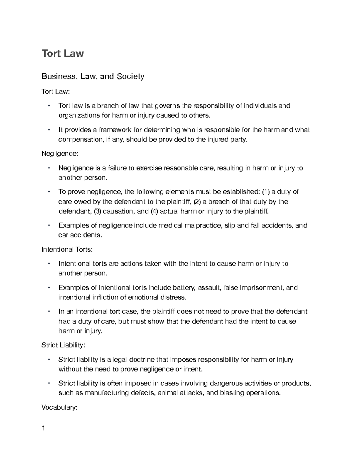 Tort Law Notes and Vocabulary - Tort Law Business, Law, and Society ...