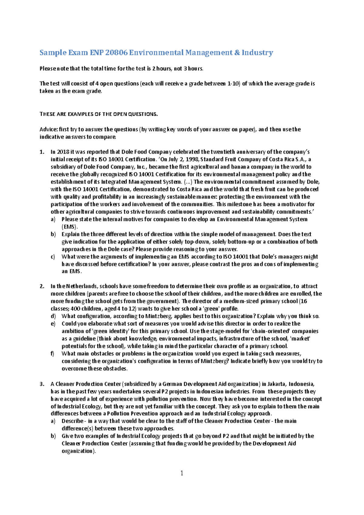 ENP20806-Sample Exam-2021 - 1 Sample Exam ENP 20806 Environmental ...