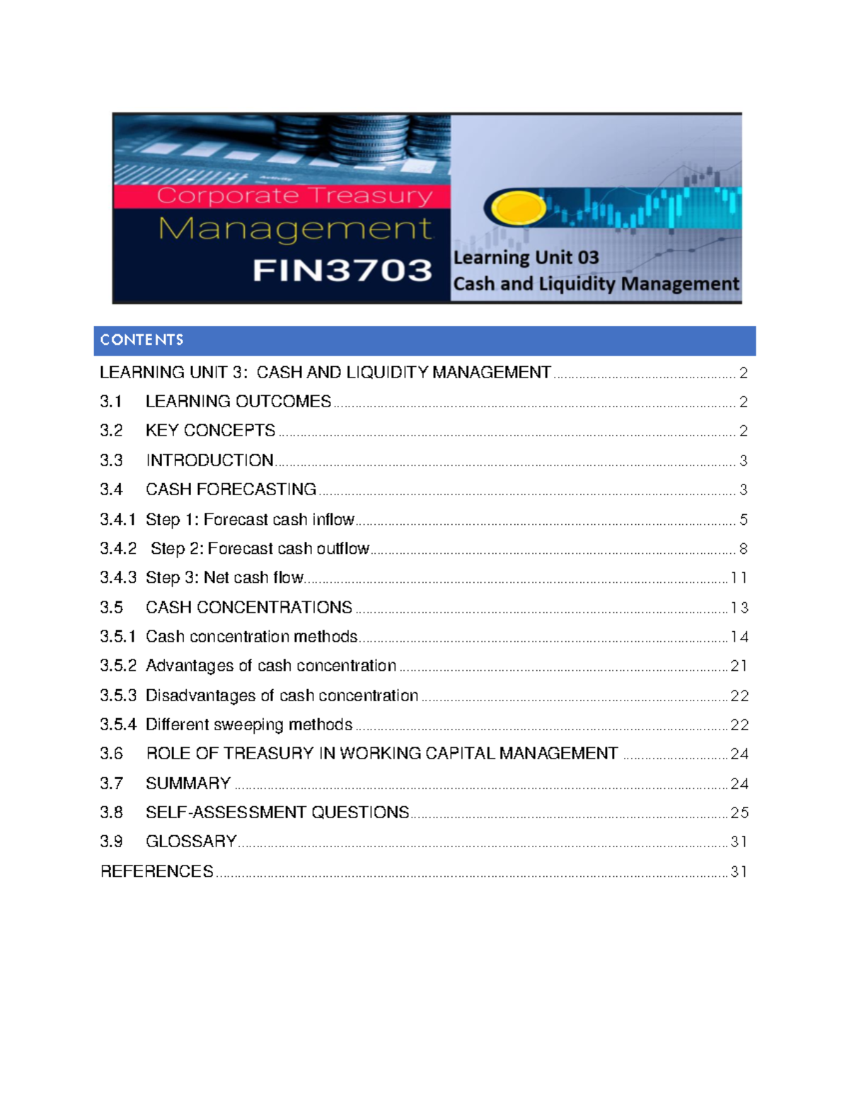 FIN3703 Learning Unit 03 - CONTENTS LEARNING UNIT 3 : CASH AND ...