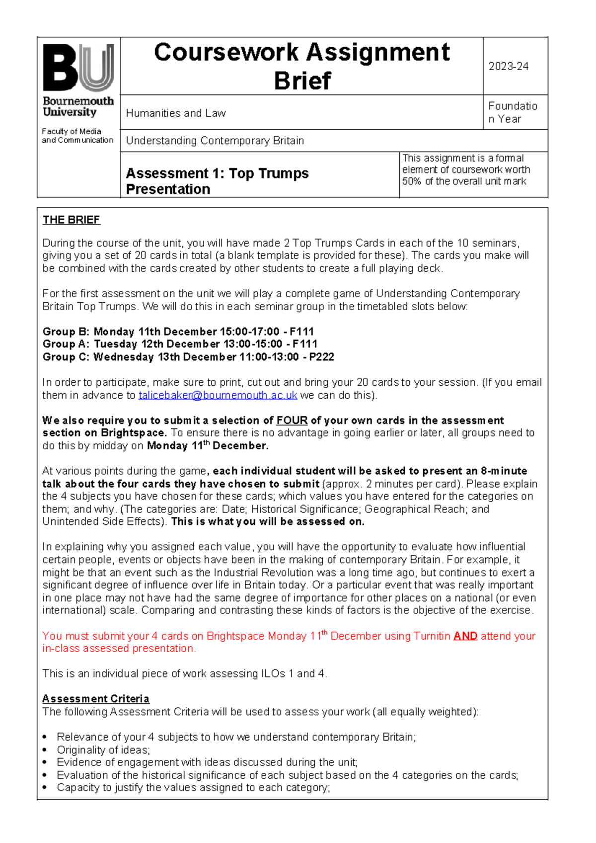 Understanding Contemporary Britain - Ass.1 Brief - Faculty of Media and ...