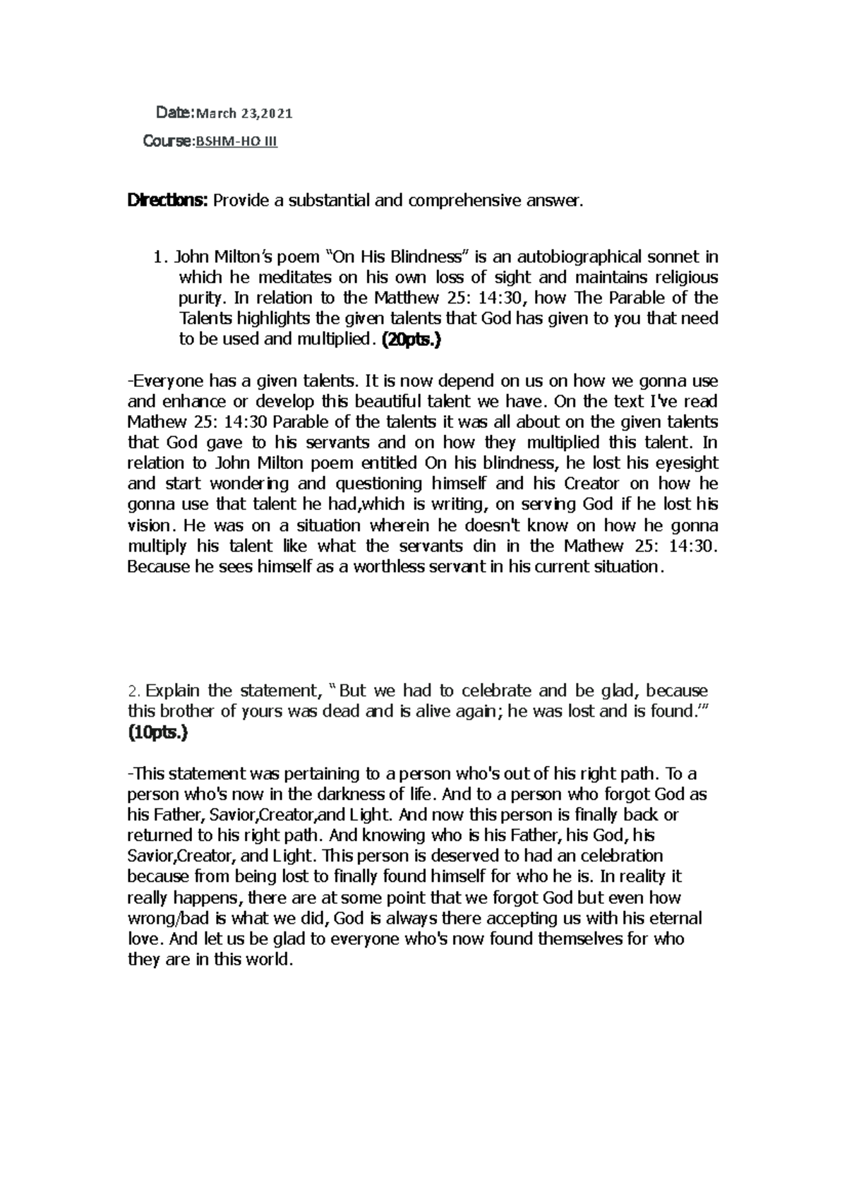 On His Blindness- Comprehensive Answers and Summarized - Date: March 23 ...