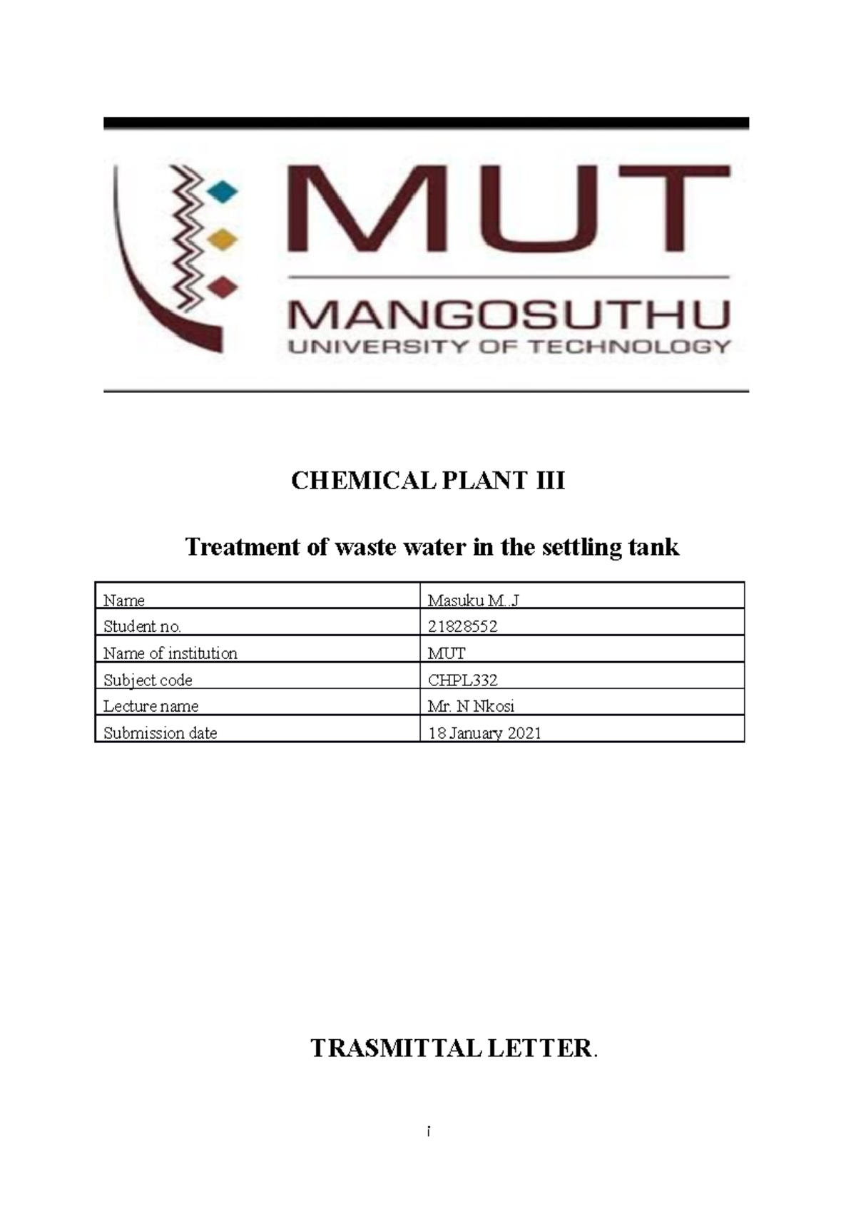 Finall assignment - CHEMICAL PLANT III Treatment of waste water in the ...
