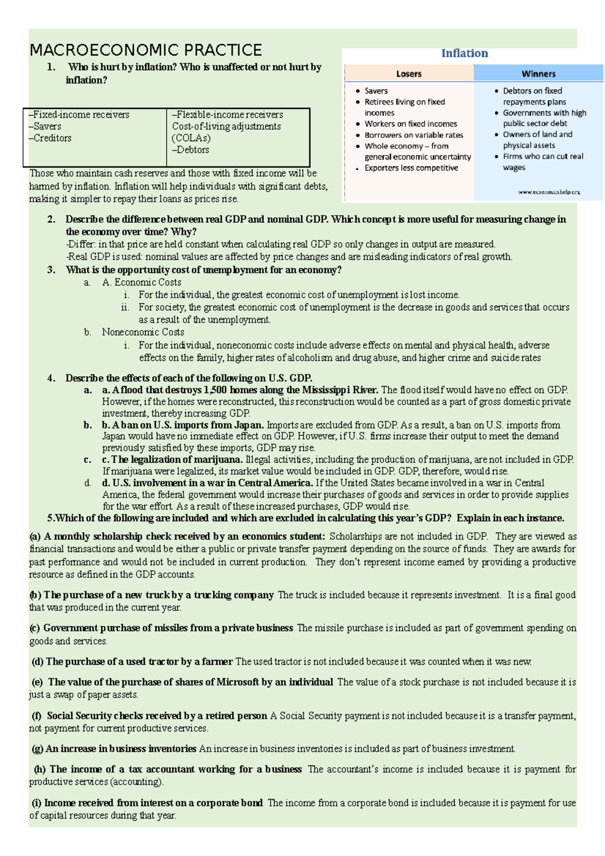 Practice - note - MACROECONOMIC PRACTICE 1. Who is hurt by inflation ...