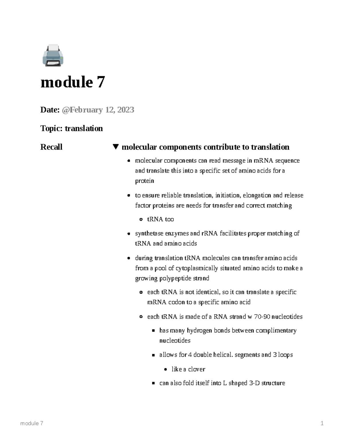 Module 7 - mod 7 - ^ module 7 Date: Topic: translation Recall molecular ...
