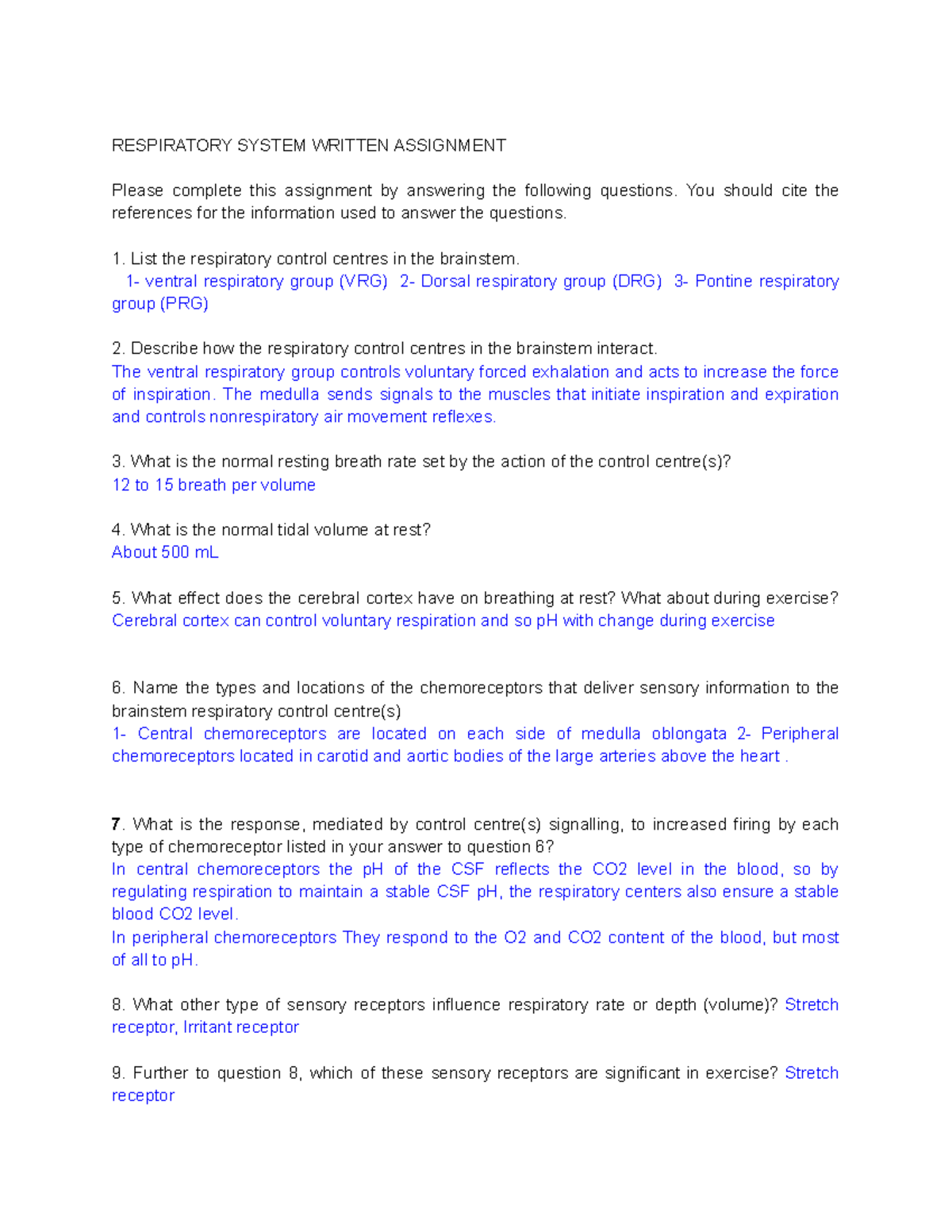Assignment - Answer key and homework - RESPIRATORY SYSTEM WRITTEN ...