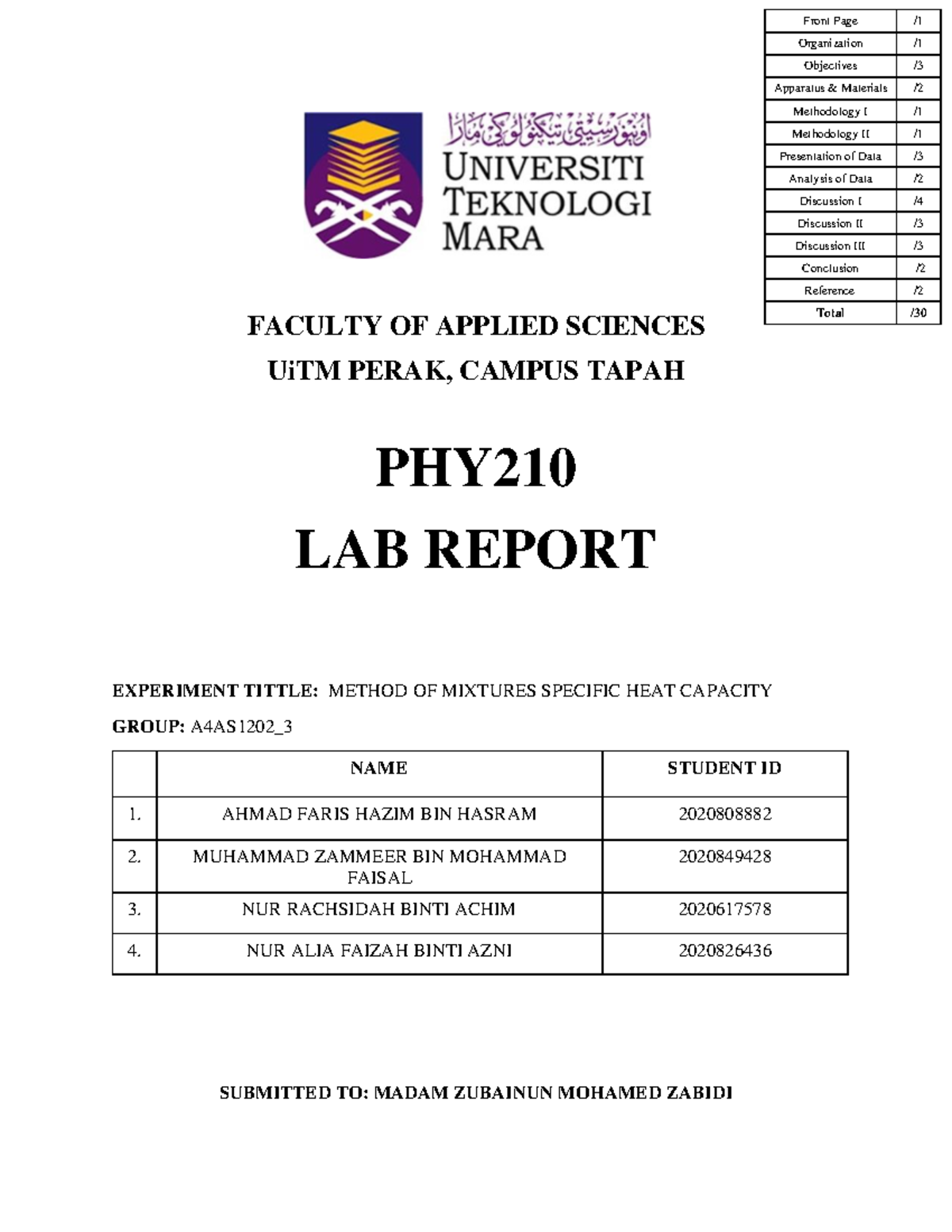 LAB Report PHY210 Group 4 AS120 - Mechanics and Thermal Physics - UiTM ...