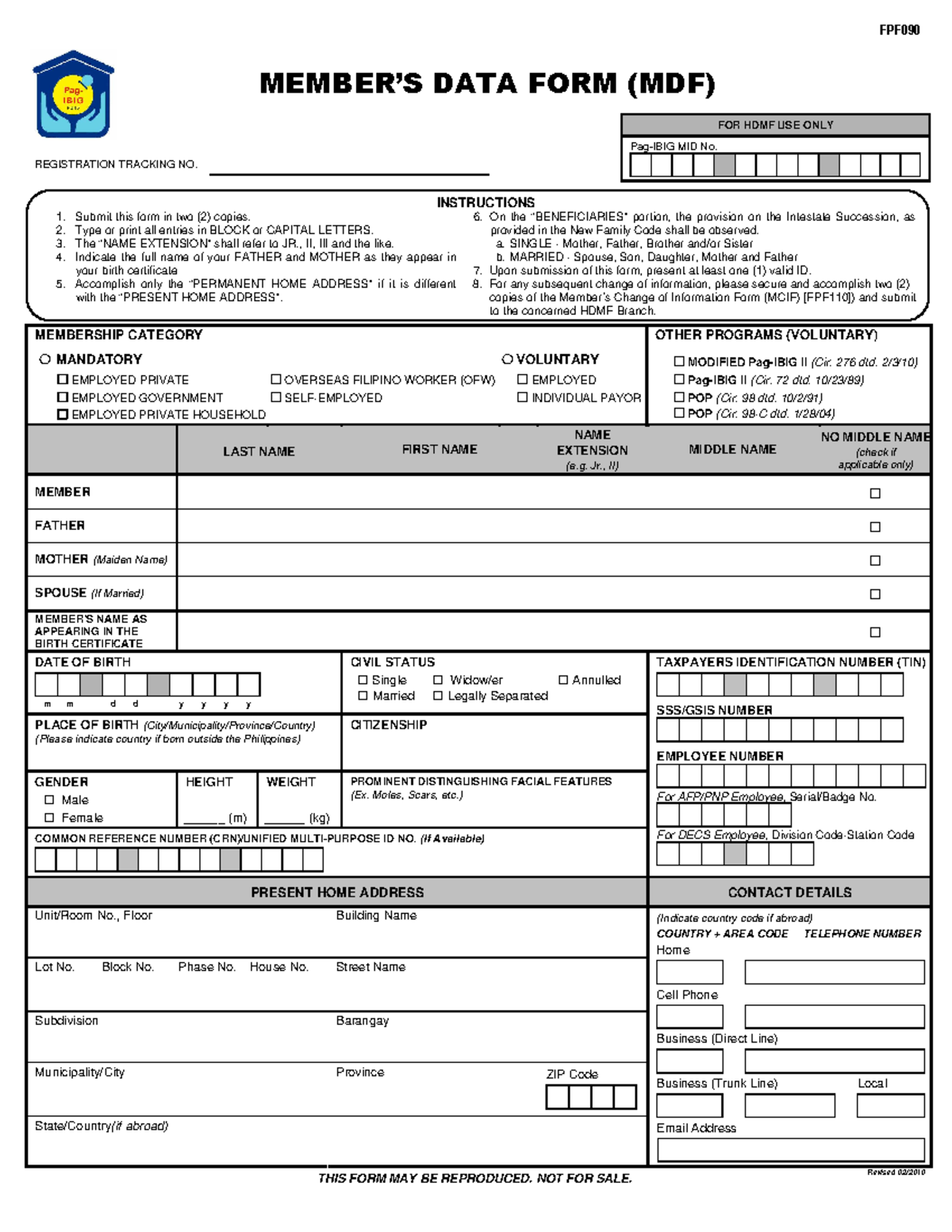 Pag ibig members data form - FOR HDMF USE ONLY Pag-IBIG MID No ...