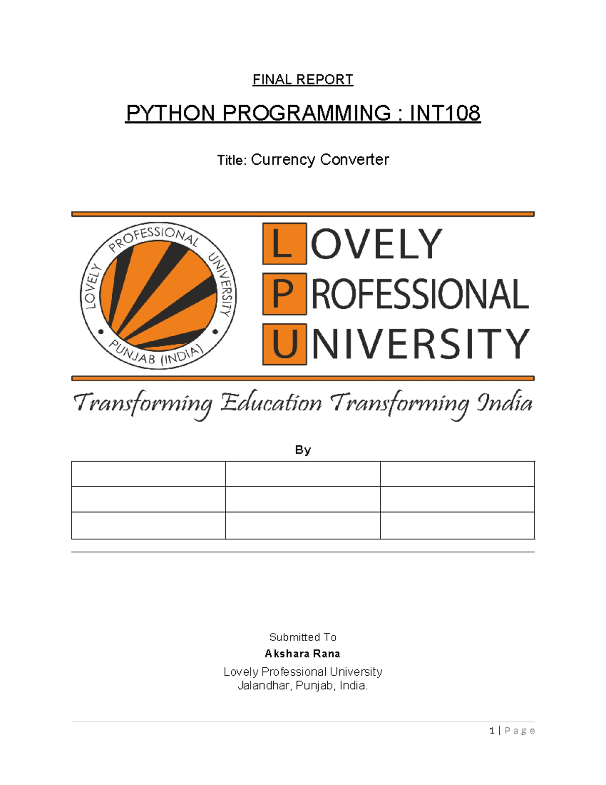 Int Proj Final Proj Sample Final Report Python Programming