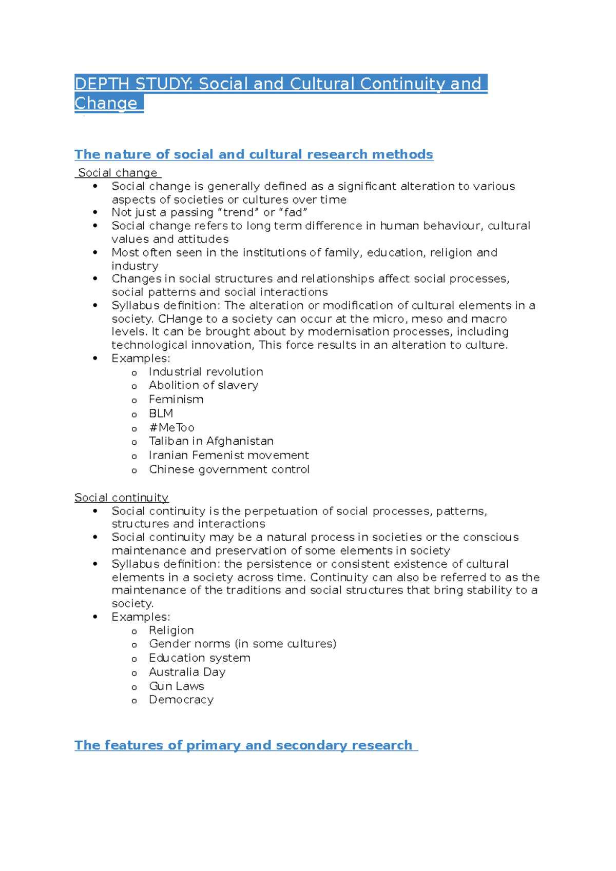 YR 12 Module 1 Society and culture notes - DEPTH STUDY: Social and ...