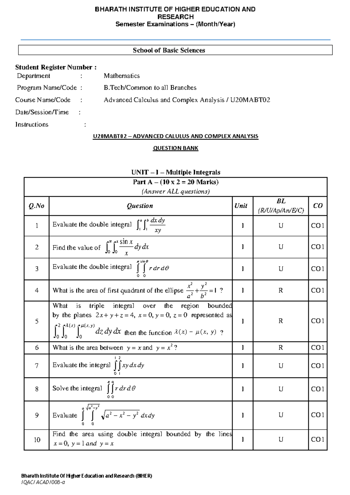 Question Bank - U20MABT02 - Advanced Calculus and Complex Analysis - RESEARCH Semester ...
