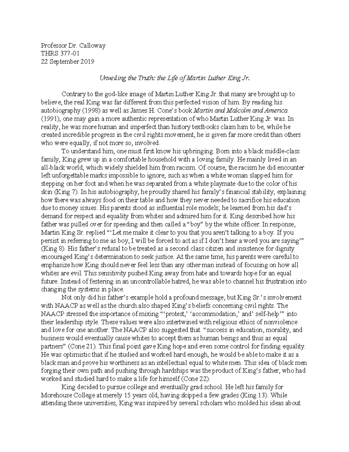 Essay 1 MLK - Grade: A - Professor Dr. Calloway THRS 377- 22 September ...