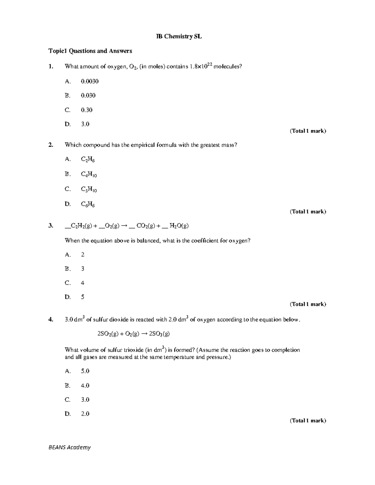 Stoichiometry practice paper 1 and 2 - IB Chemistry SL Topic1 Questions ...