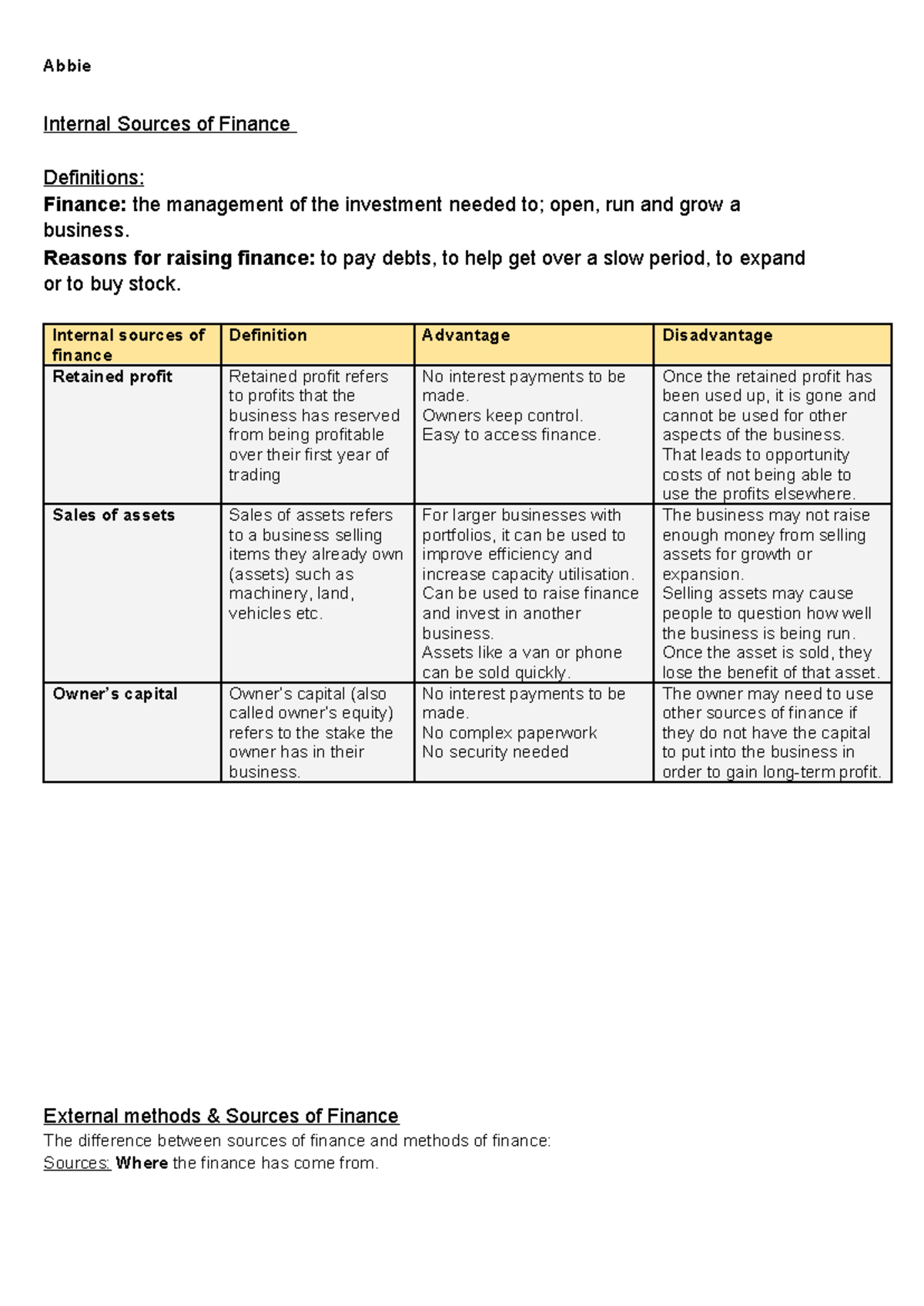 Sources and Methods of Finance - Abbie Internal Sources of Finance ...