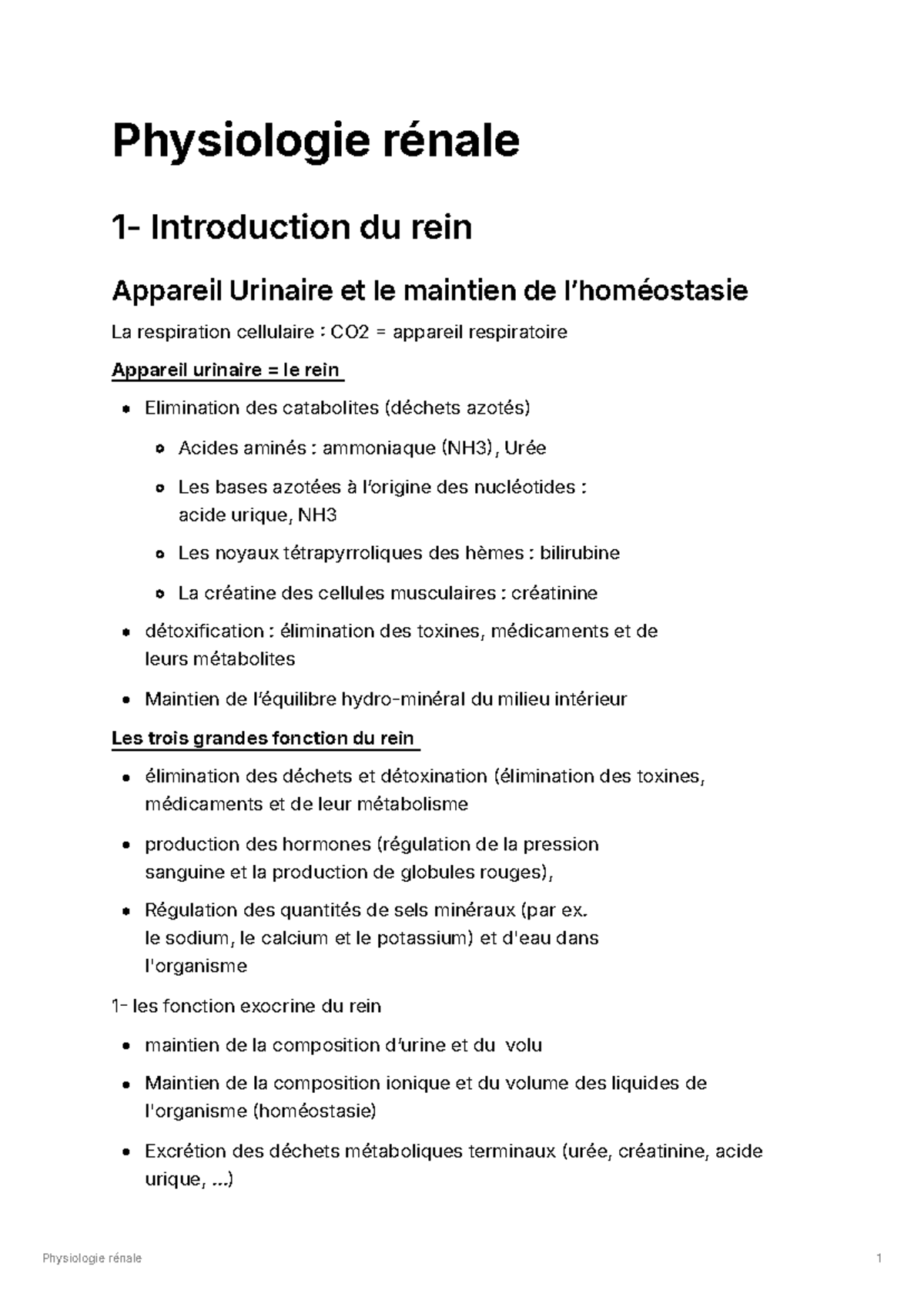 Physiologie rénale - Physiologie rénale 1- Introduction du rein ...