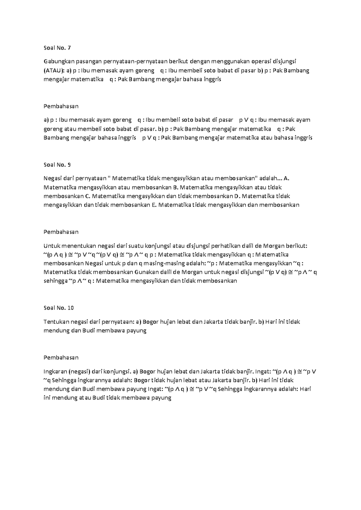 Logika MTK 3 - Logic 3 - Soal No. 7 Gabungkan pasangan pernyataan ...