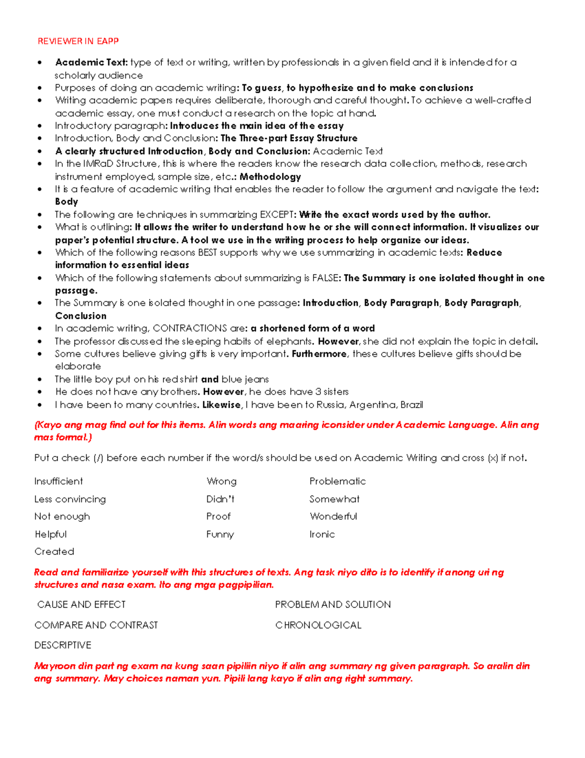 EAPP-Reviewers and pointers - REVIEWER IN EAPP Academic Text: type of text or writing, written ...