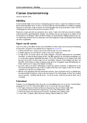 Samenvatting chemische reactorkunde - Onderdeel Petra theorie 1 College ...