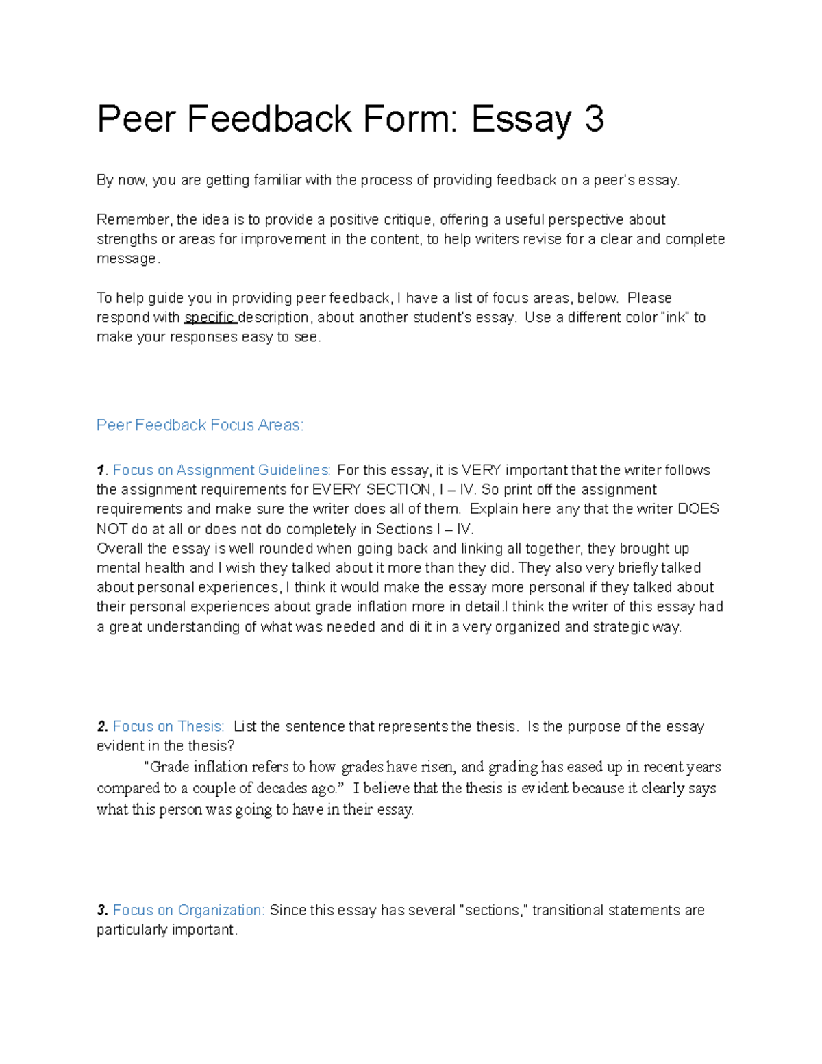 Peer Feedback Form Essay 3-2 - Peer Feedback Form: Essay 3 By now, you ...