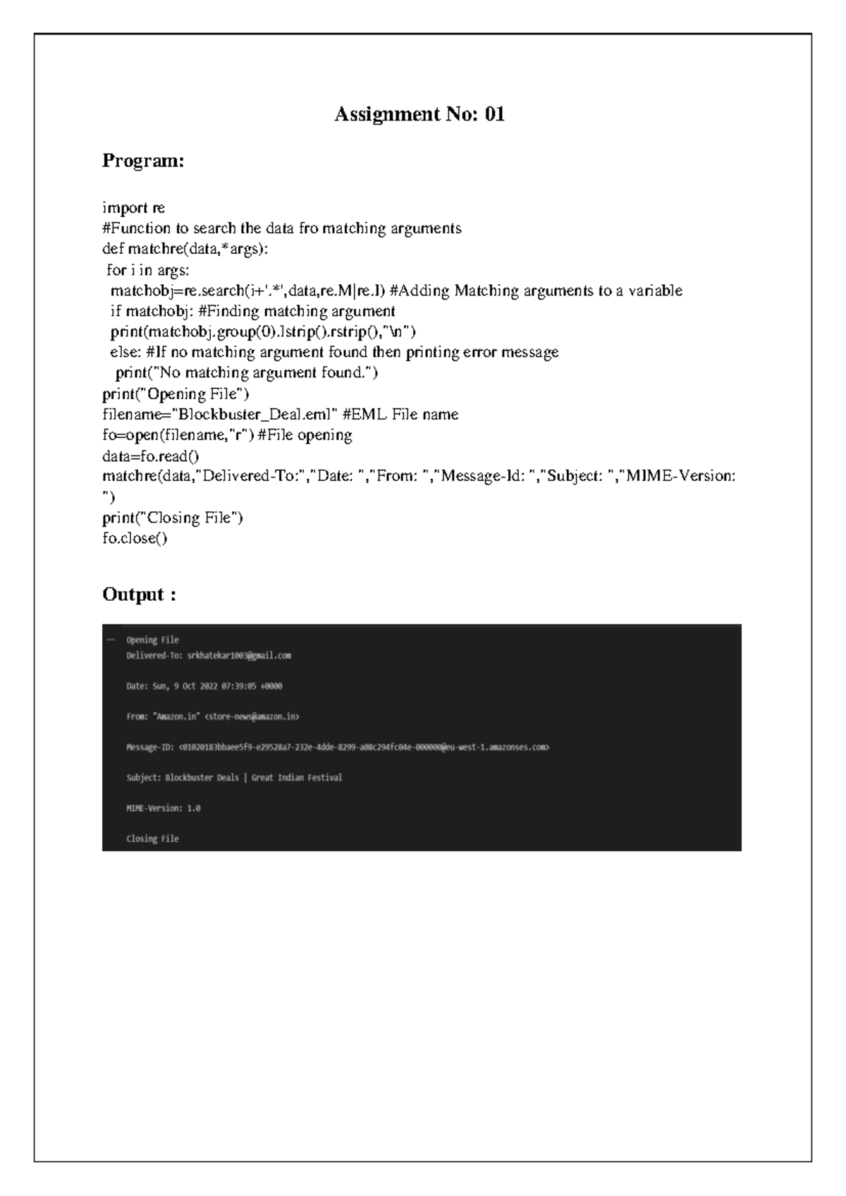 CSDF-01 - Csdf sem7 practical 1 - Assignment No: 01 Program: import re #Function to search the ...
