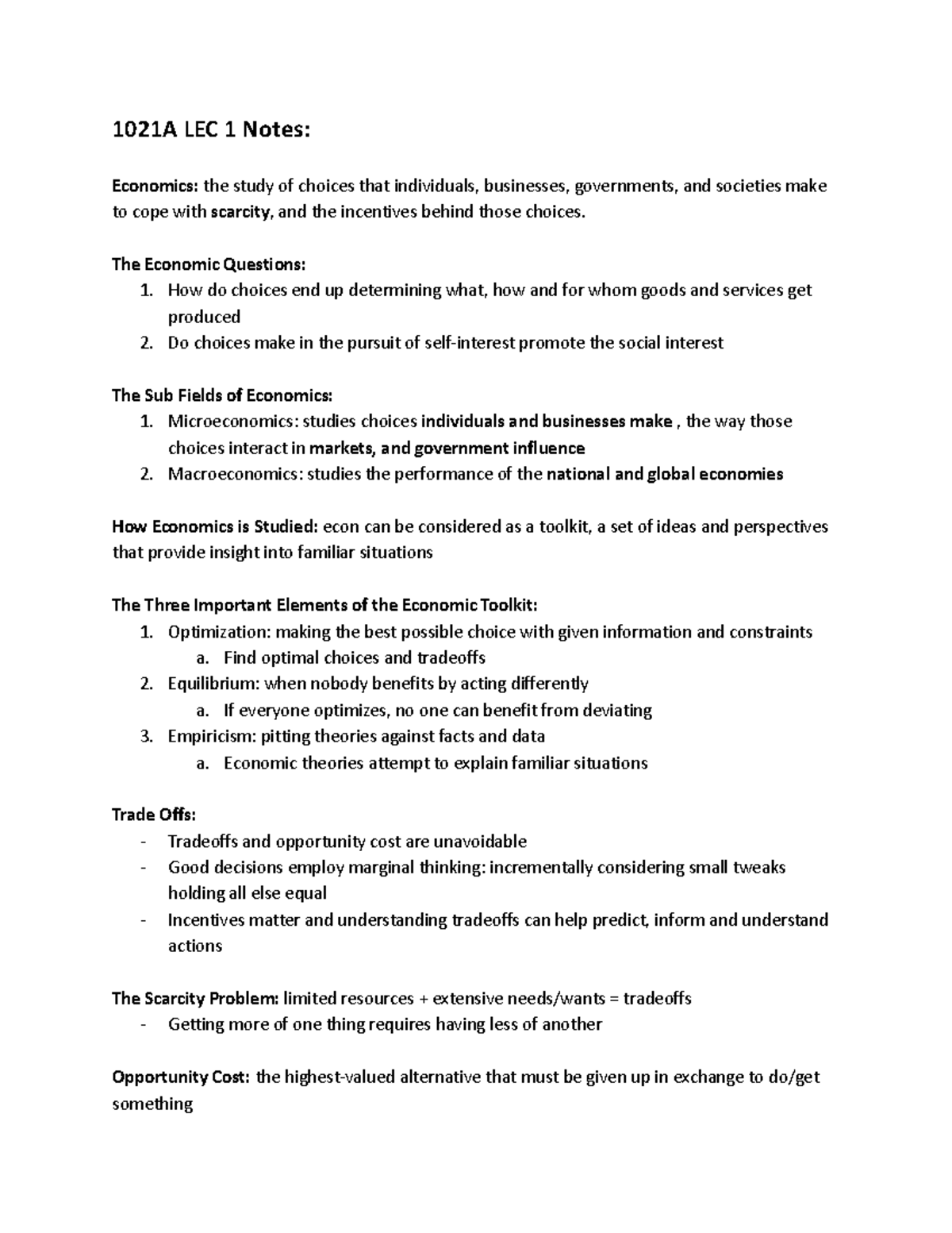 1021A MT1 Notes - 1021A LEC 1 Notes: Economics: the study of choices ...