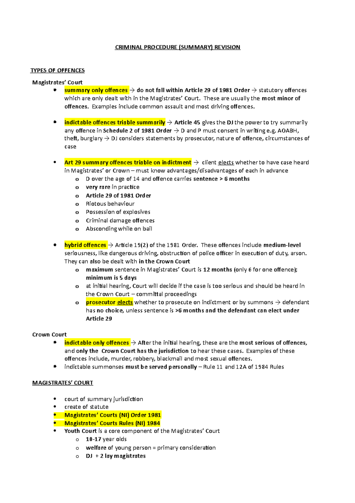Criminal Procedure - Summary - CRIMINAL PROCEDURE (SUMMARY) REVISION ...