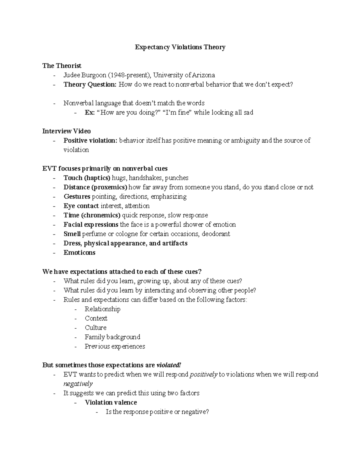 Expectancy Violations Theory Notes - Expectancy Violations Theory The ...