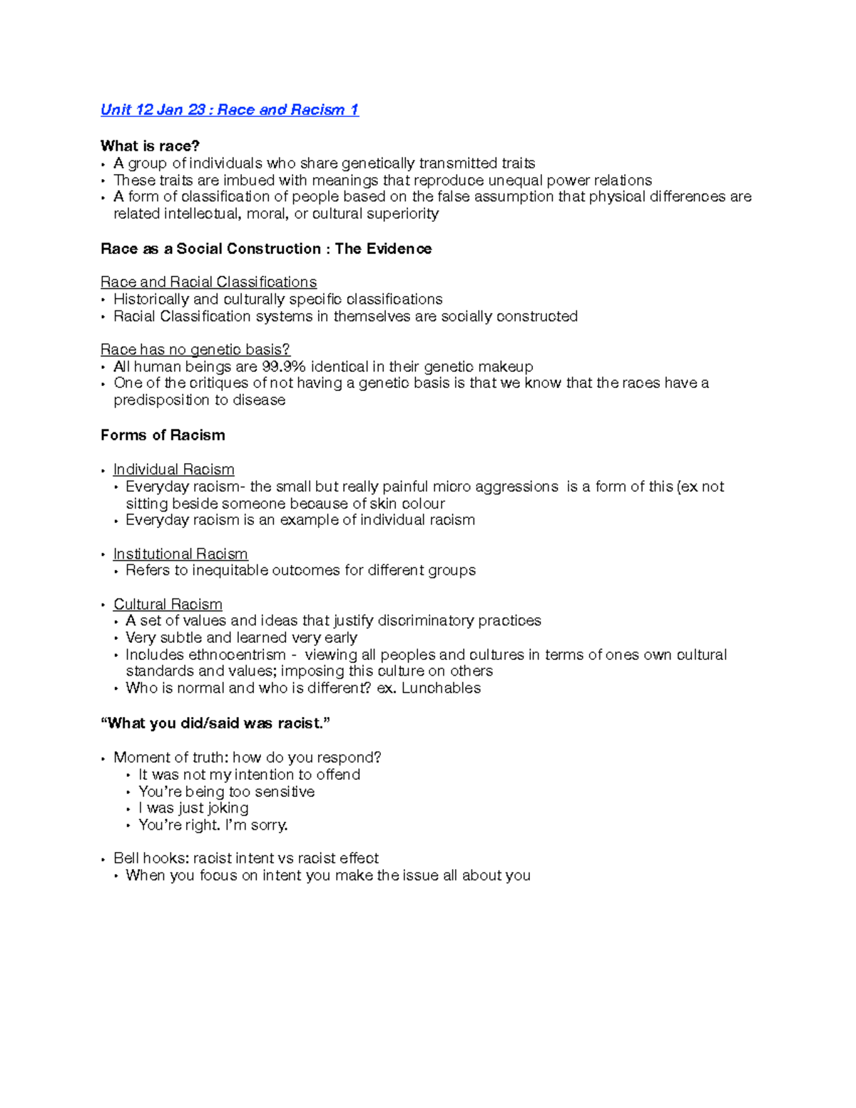 Unit 12 Race and Racism - notes - Unit 12 Jan 23 : Race and Racism 1 What is race? A group of ...