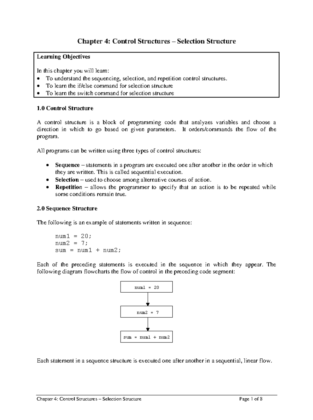 Notes 04 Control Structure Selection Structure Chapter 4 Control Structures Selection